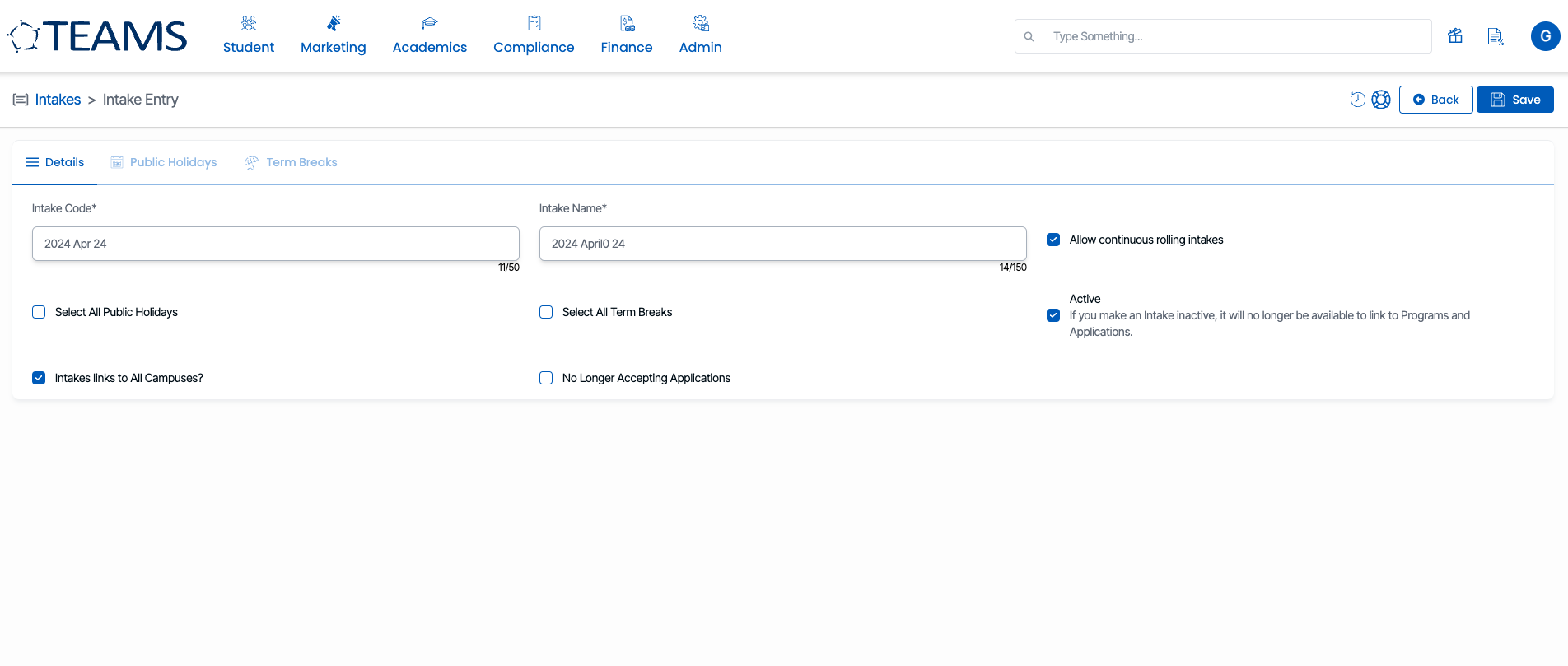 Intakes Entry Screen