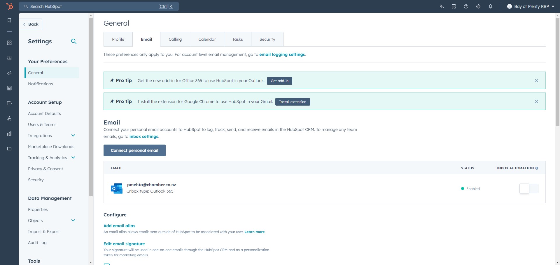 Connect Outlook inbox and calendar configuration on Hubspot