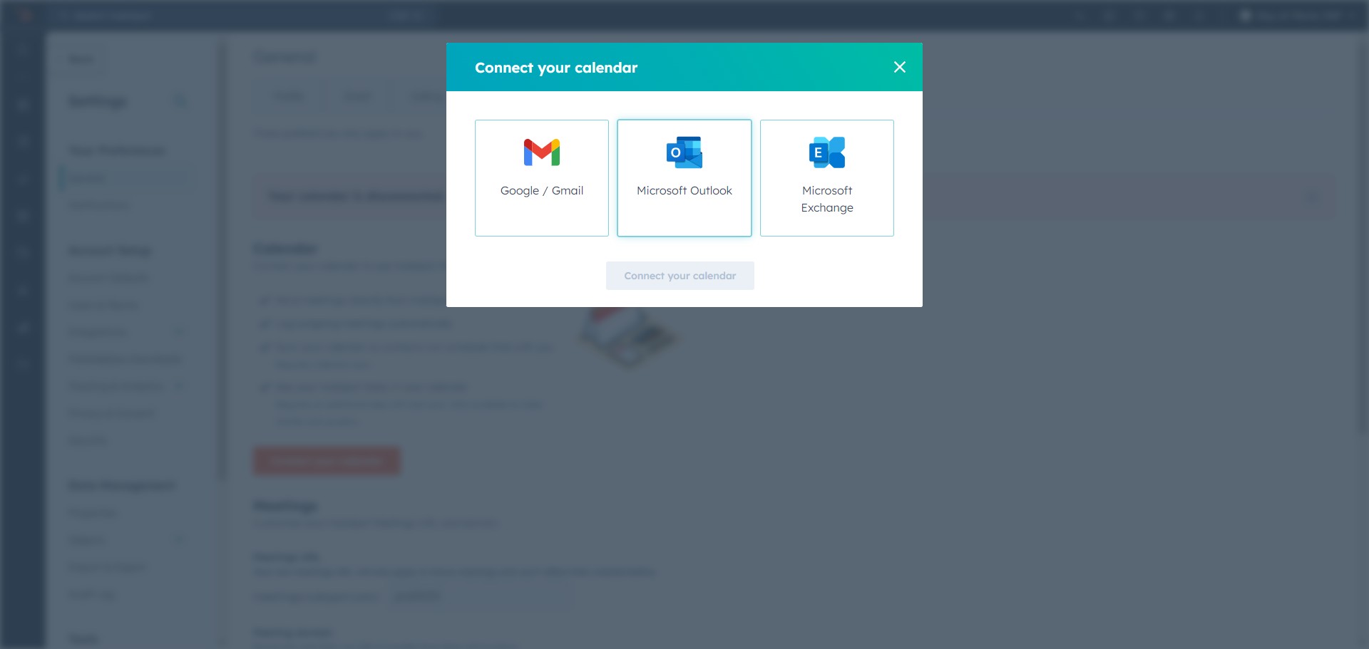 Connect Outlook inbox and calendar configuration on Hubspot